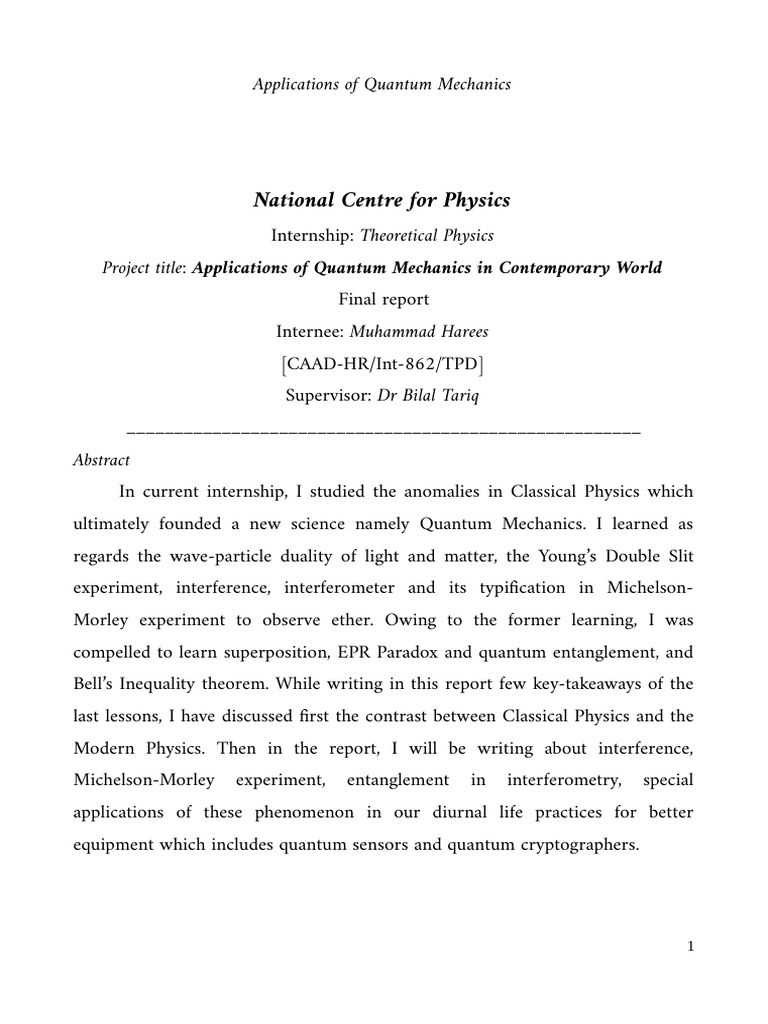 Internship Final Report - Applications of Quantum Mechanics | PDF | Quantum Mechanics | Quantum ...