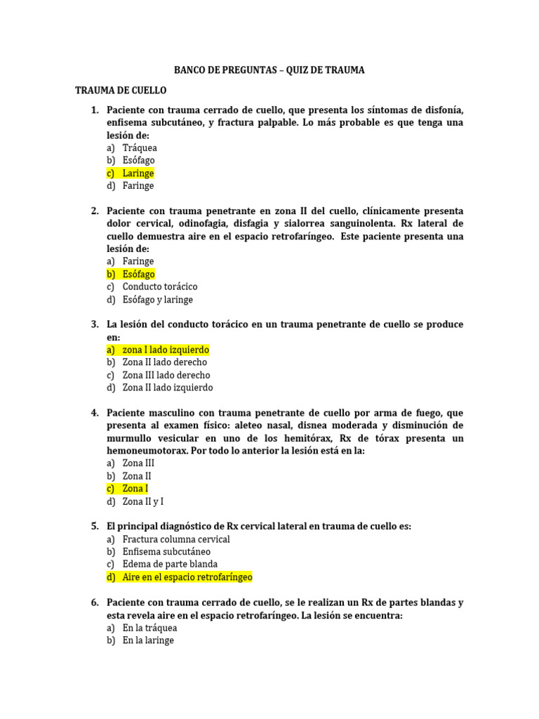 QUIZ DE TRAUMA. Cirugía | PDF | Lesión | Abdomen