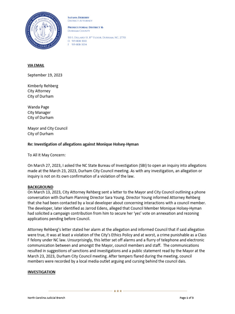 Holsey-Hyman Investigation Letter - Final | PDF | Crimes | Crime & Violence