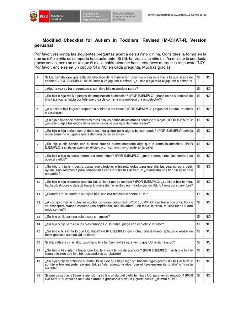 Modified Checklist for Autism in Toddlers, Revised (M-CHAT-R, Version ...