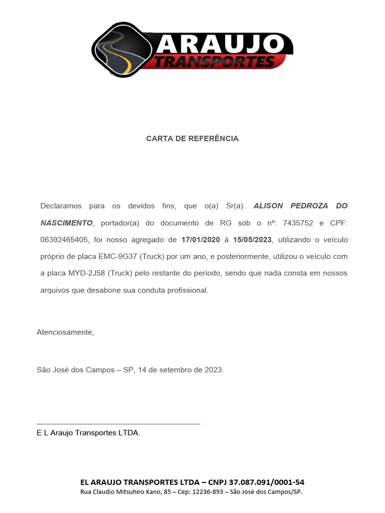 Carta de Referência para Motorista | PDF | Negócios