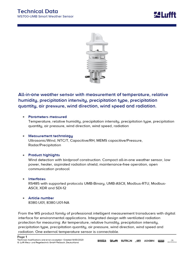 Lufft WS700-UMB Smart Weather Sensor | PDF | Sensor | Precipitation