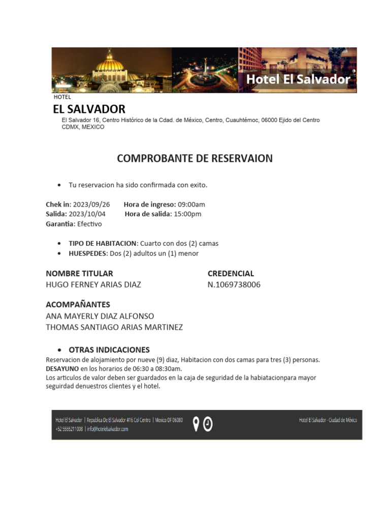 Reserva Confirmada en Hotel El Salvador | PDF
