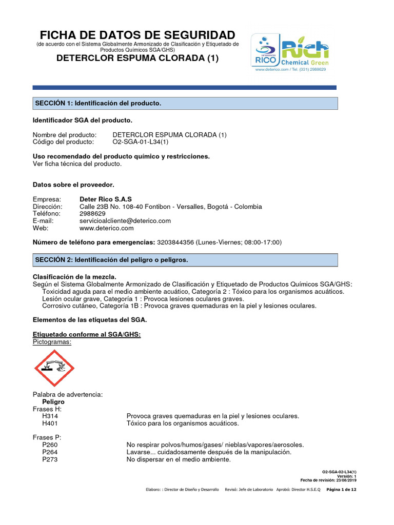 O2-SGA-01-L34 (1) - DETERCLOR ESPUMA CLORADA (1) (Español-CO) | PDF ...