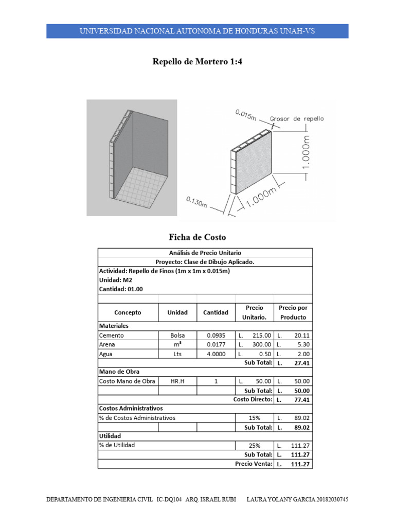 Ficha de Costo para Repello | PDF