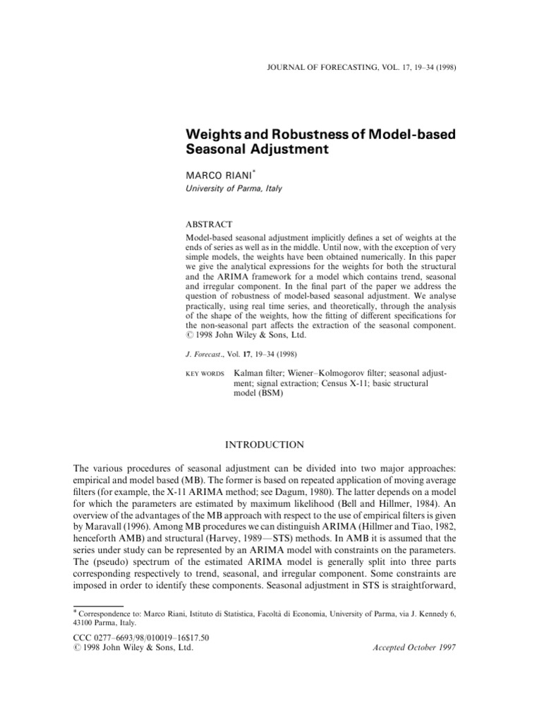 Weights And Robustness Of Model Based Seasonal Adjustment Journal Of Forecasting Vol 17 19