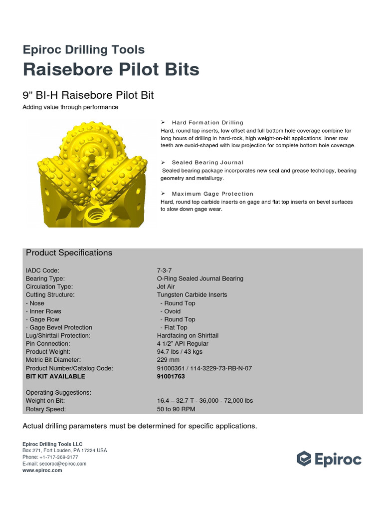 Epiroc 9" Raisebore Pilot Bit Specs | PDF | Technology & Engineering