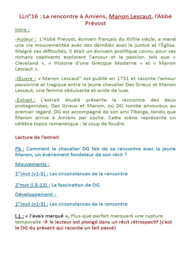 Lecture Linéaire - La Rencontre À Amiens, Manon Lescaut, L'abbé Prévost ...