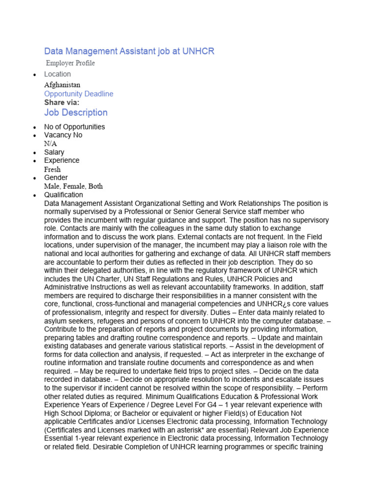 Data Management Assistant Job at UNHCR | PDF | Data | Sexual Harassment