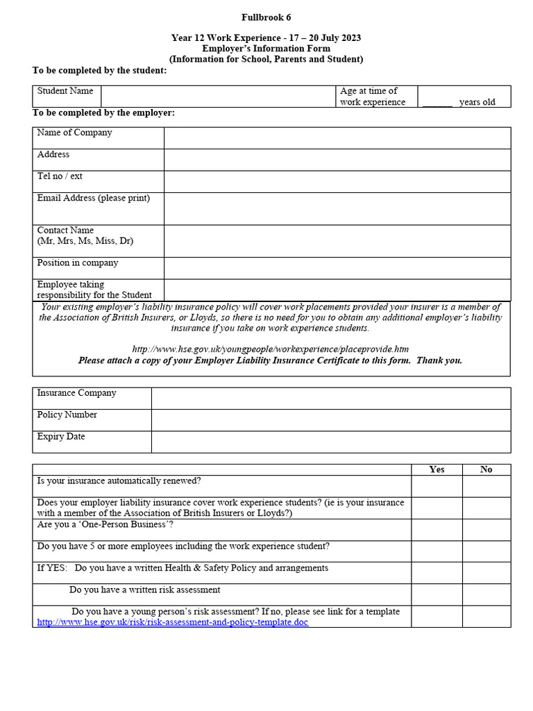 Fullbrook Year 12 Work Experience Form | PDF | Insurance | Employment