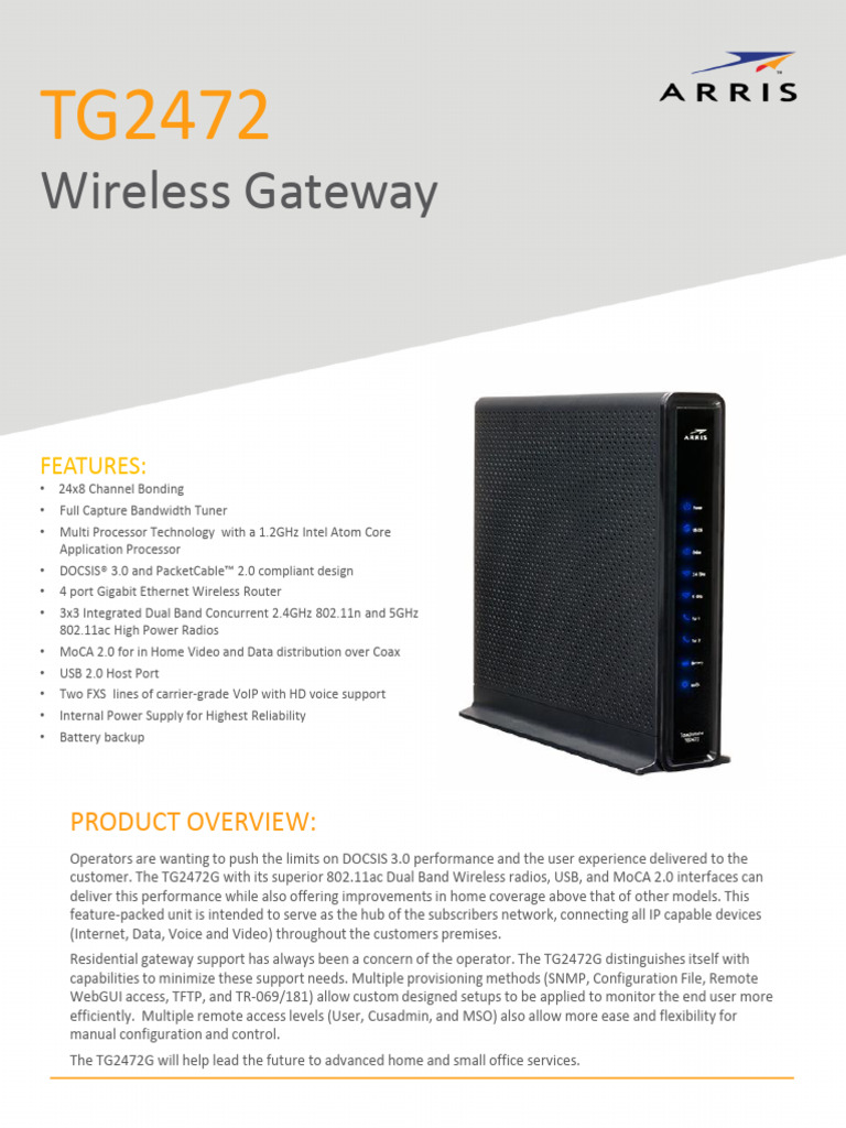 Arris TG2472G Data Sheet | PDF | Wi Fi | Usb