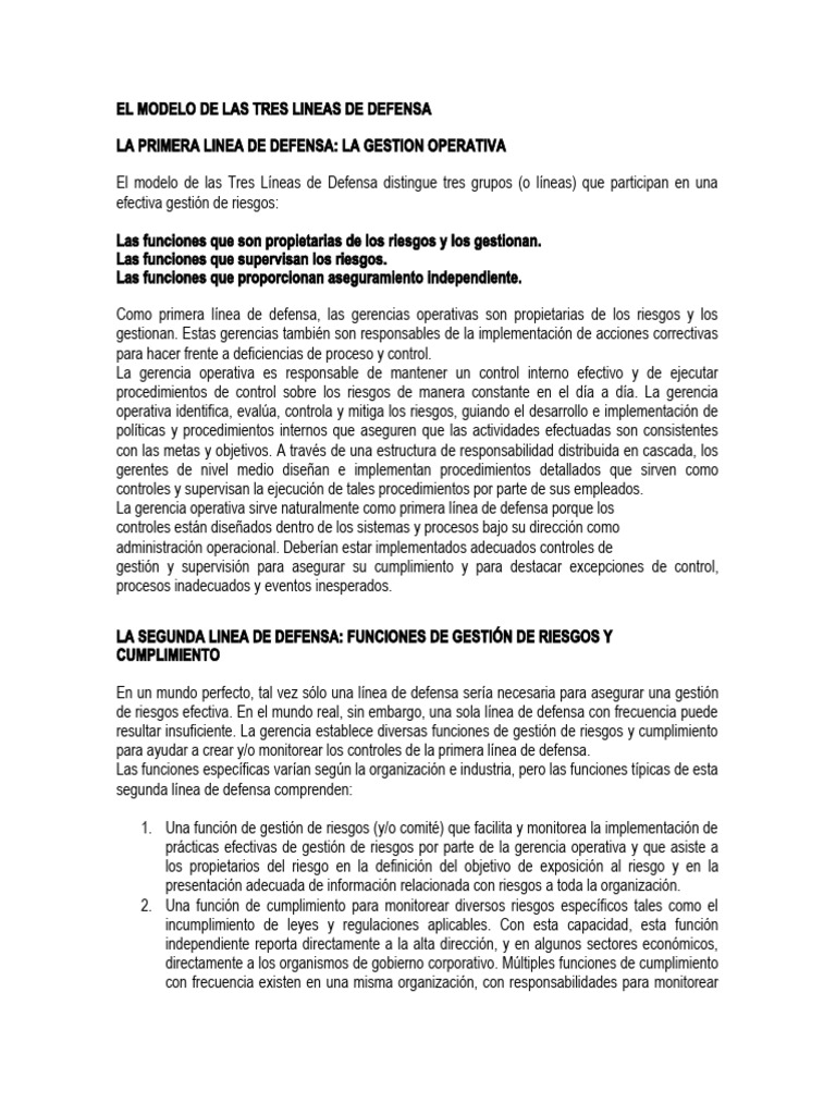 El Modelo de Las Tres Lineas de Defensa | PDF | Auditoría | Bancos