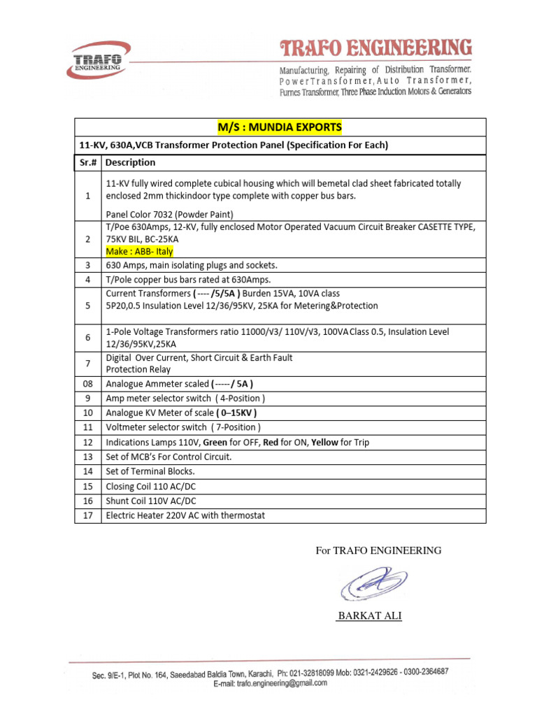 630A ABB VCB Meterial List | PDF