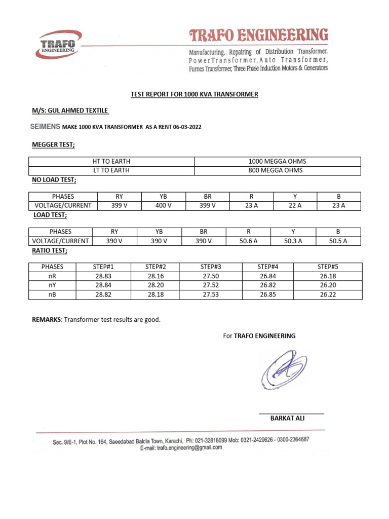 1000KVA Transformer Test Report | PDF