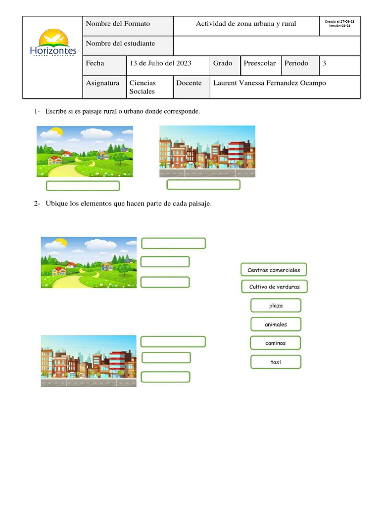 Activida de Zona Urbana y Zona Rural 2 - Preescolar | PDF