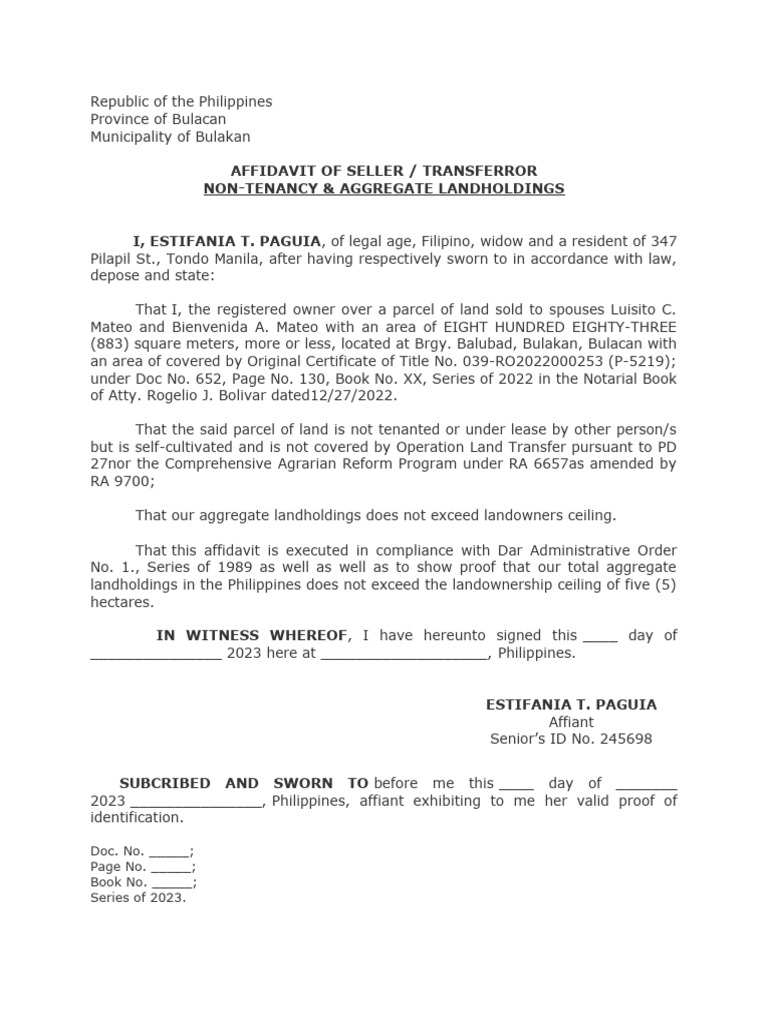 AFFIDAVIT OF TRANSFERROR - Non-Tenancy & Aggregate Land Holdings ...