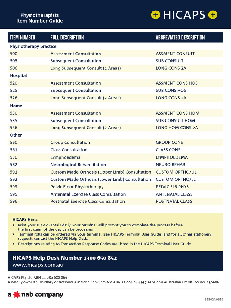 HICAPS Item Guide Physiotherapists Aug 2019 | PDF | Physical Therapy