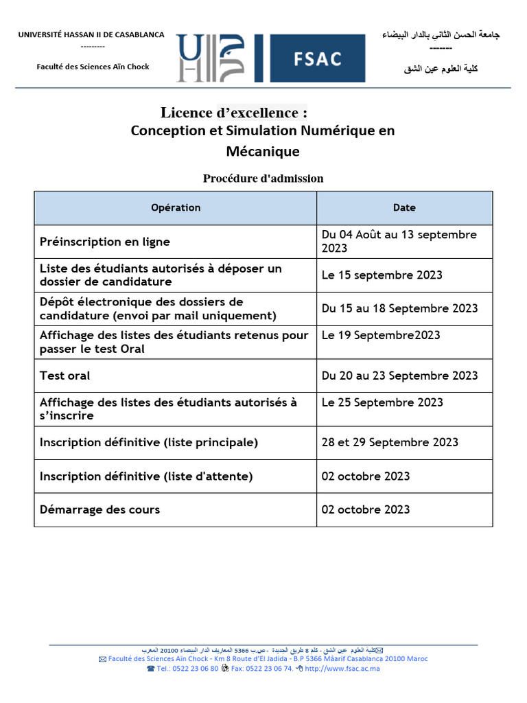 Licence d'Excellence FSAC 2023-2024 | PDF