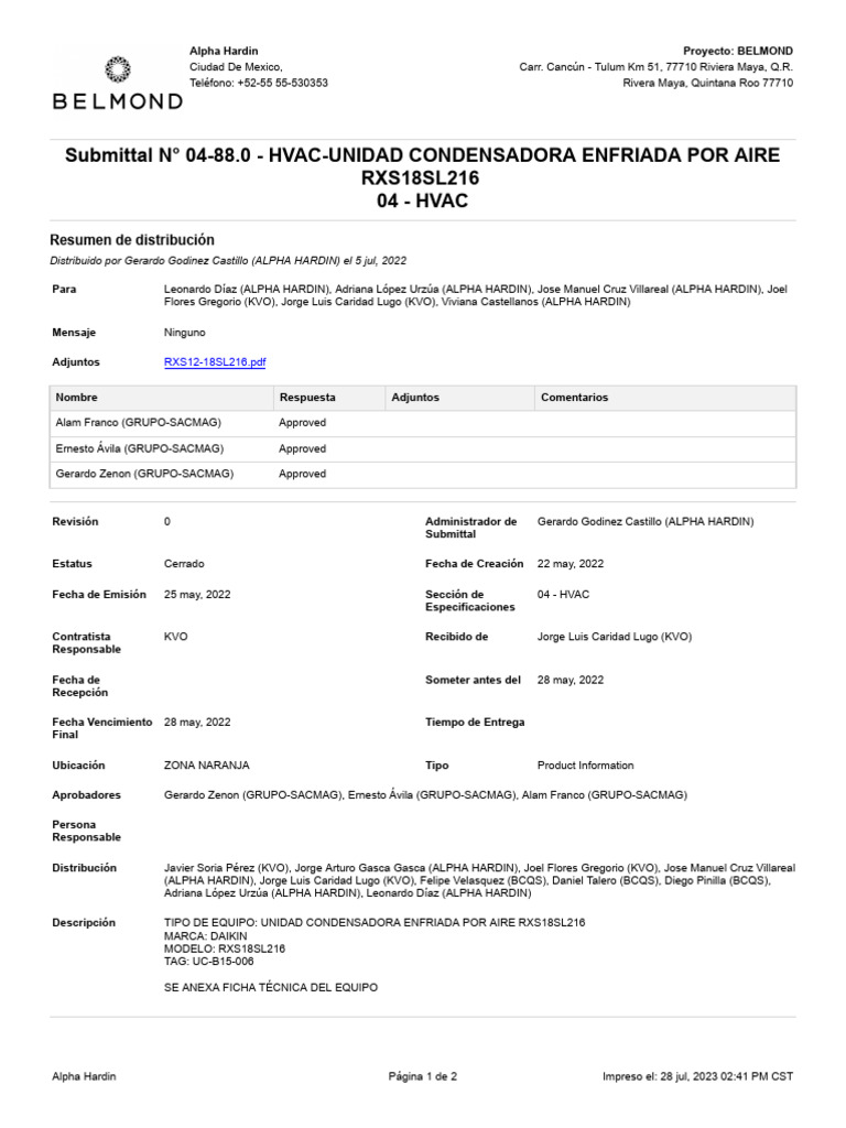 Submittal HVAC RXS18SL216 Belmond | PDF
