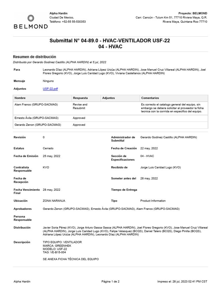 Belmond Submittal#89 Rev 0 Hvac Ventilador Usf 22 202307282041 | PDF ...