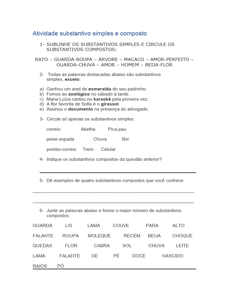 Atividade de Substantivos Simples e Compostos | PDF