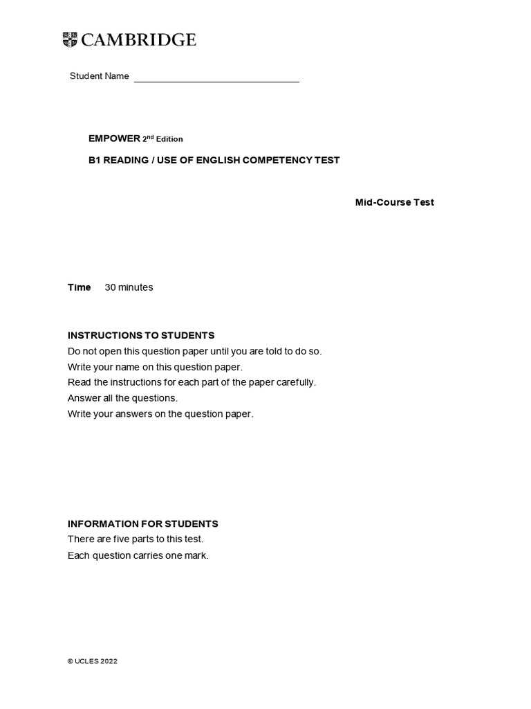 Empower Second Edition B1 Mid Course Competency Reading Test | PDF
