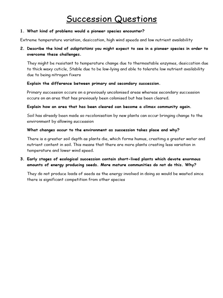 Succession Questions Worksheet | PDF | Soil | Biodiversity