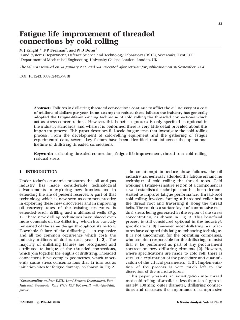 Knight Et Al 2005 Fatigue Life Improvement of Threaded Connections by ...