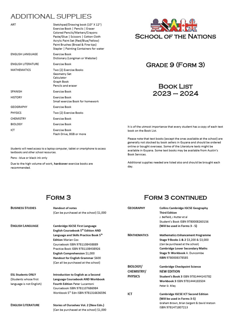 Grade 9 School Supplies List 2023-2024 | PDF | Books | Textbook