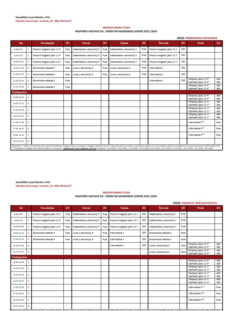 Raspored Sati Prijediplomski - Redovni - 2023-2024 | PDF