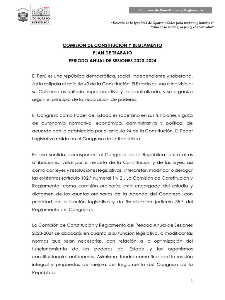 Plan de Trabajo de La Comisión de Constitución y Reglamento para El Periodo Anual de Sesiones ...