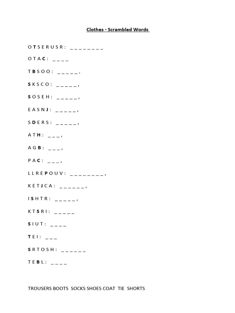 Clothes Scrambled Words Word Search | Download Free PDF | Sweater | Style