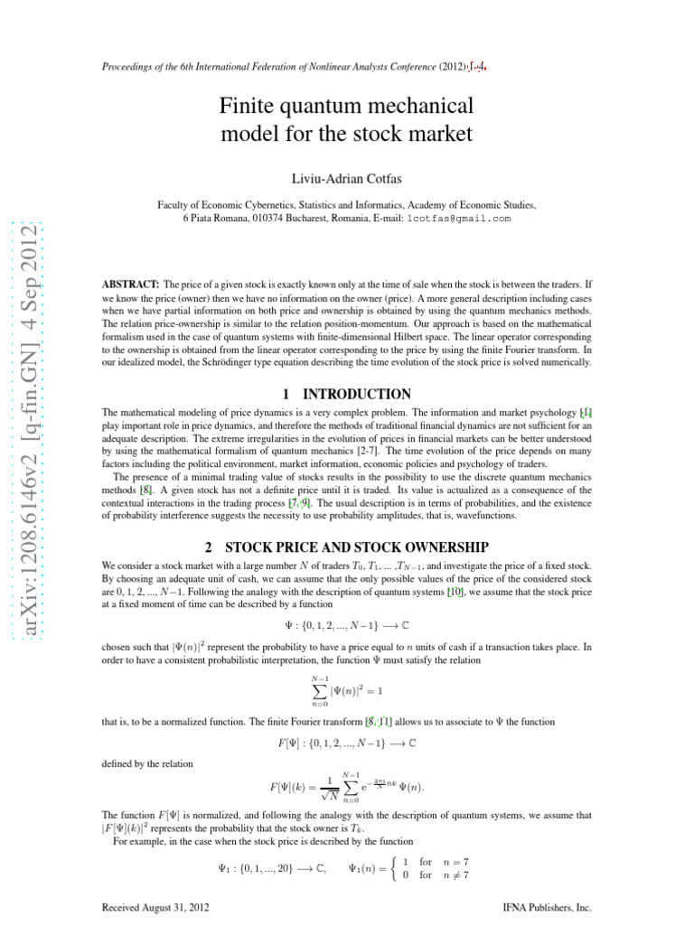 Finite Quantum Mechanical Model For The Stock Market | PDF | Quantum Mechanics | Mathematics