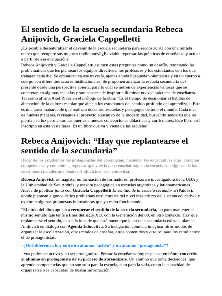 Anijovich Rebeca y Capelletti El sentido de la escuela secundaria | PDF ...