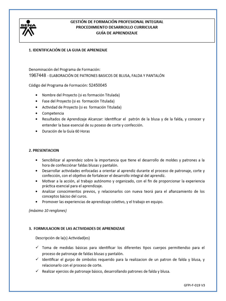 Guía de Aprendizaje: Patronaje Básico | PDF | Evaluación | Ropa