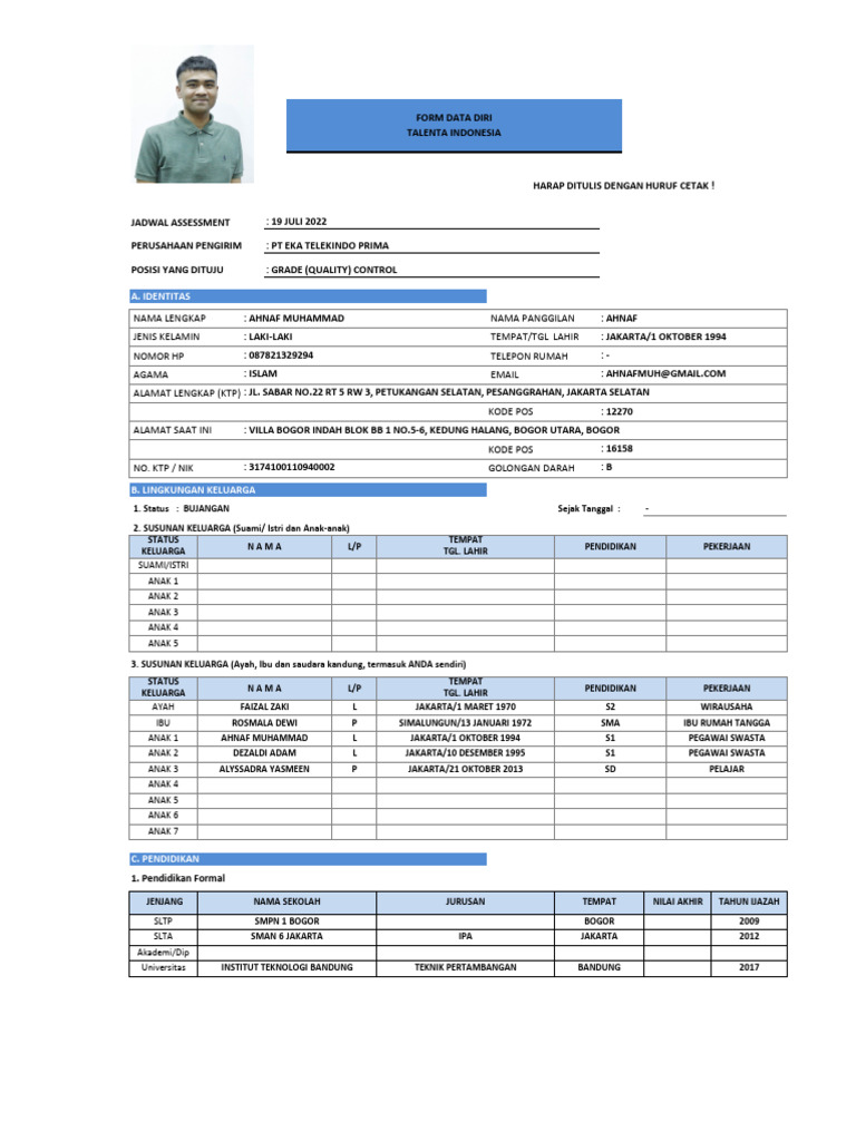 Form Data Diri - Ahnaf Muhammad - PT Ega Telekindo Prima | PDF