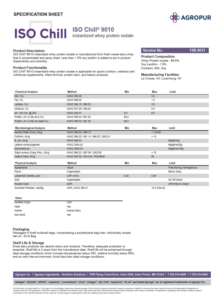 ISO Chill 9010: Instantized Whey Protein Isolate | PDF | Shelf Life ...