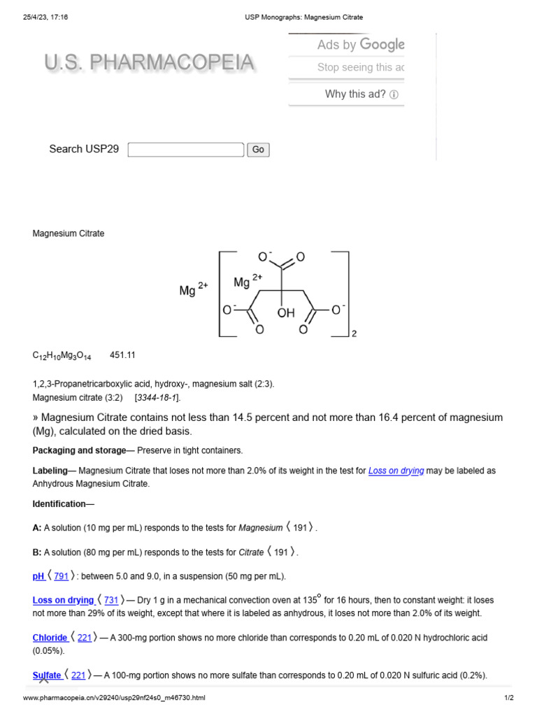 Magnesium Citrate USP Monograph | PDF | Magnesium | Acid