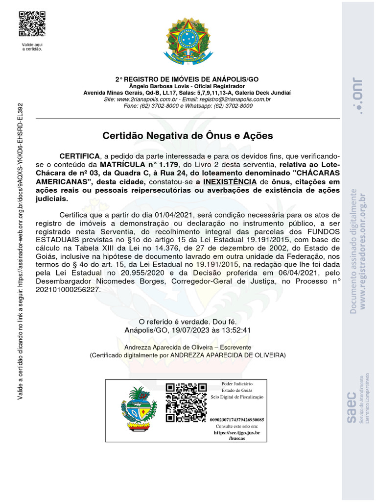 Certidão Ônus | Download grátis PDF | Justiça | Crime e Violência