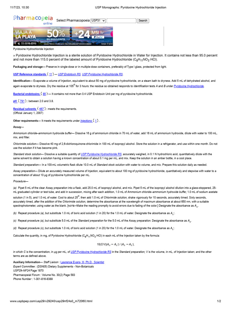 USP Monographs - Pyridoxine Hydrochloride Injection - PIRIDOXINA - CLORAMIDA | PDF | Solubility ...