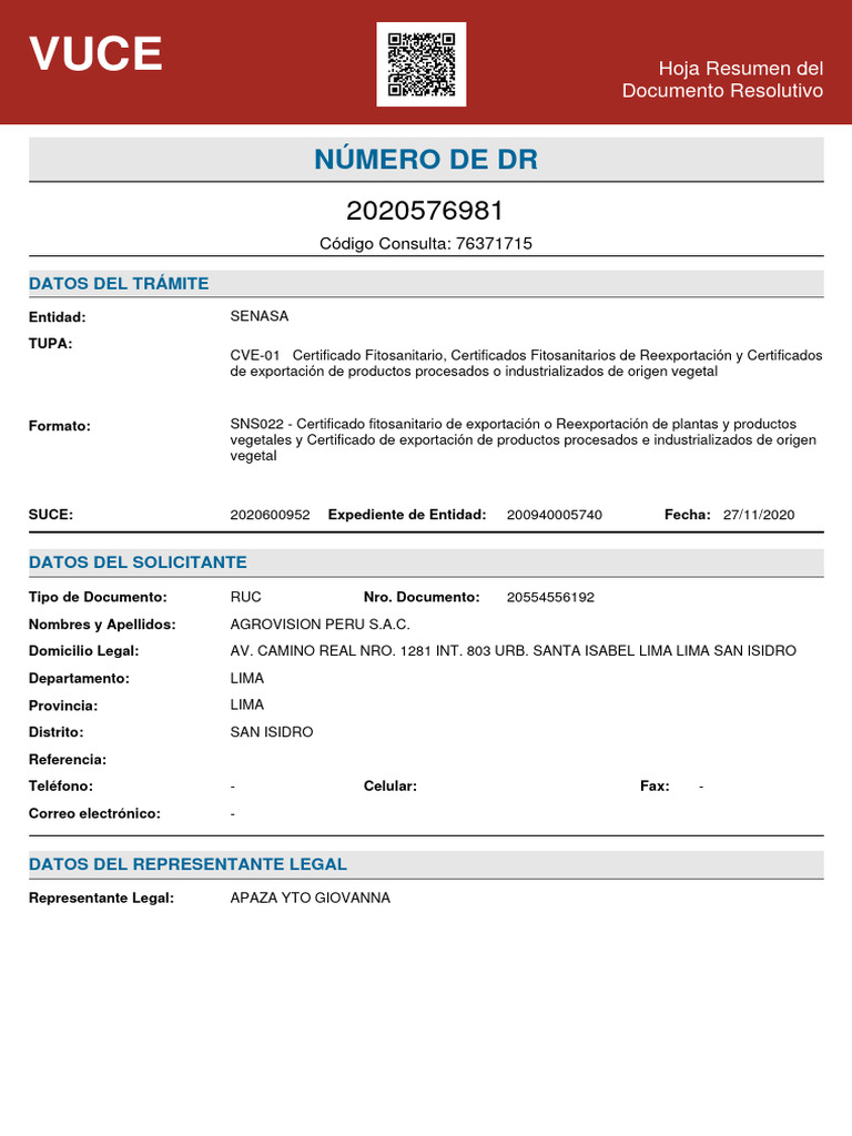 VUCE HojaResumen DR 2020576981 | PDF | Derecho