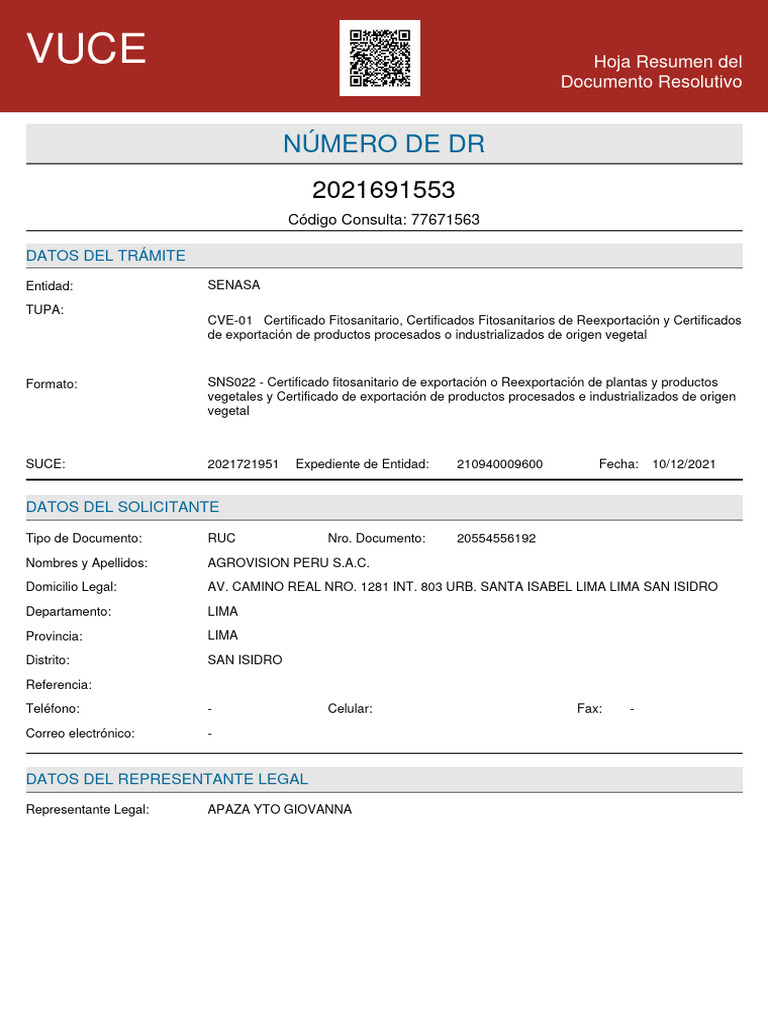 VUCE HojaResumen DR 2021691553 | PDF | Derecho