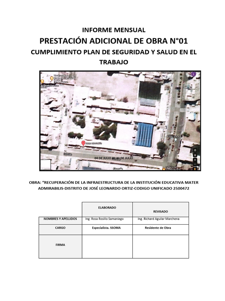 Informe de Prestacion Adicional de Obra Cumplimiento Plan de Seguridad y Salud en El Trabajo ...