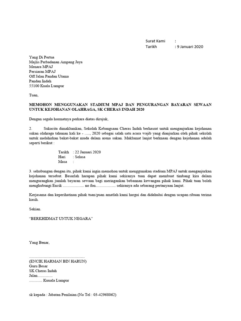Surat Permohonan Pengurangan Bayaran Sewa Stadium MPAJ | PDF | Bisnis ...