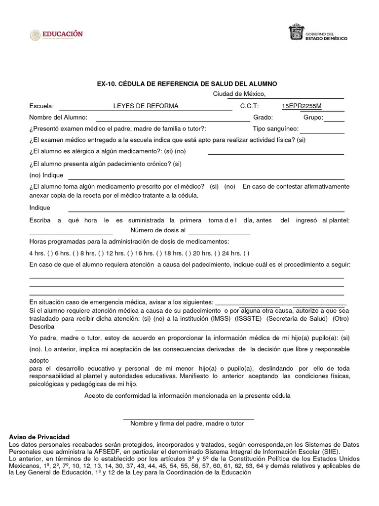 Ex-10. Cédula de Referencia de Salud Del Alumno | PDF | Medicamentos con receta