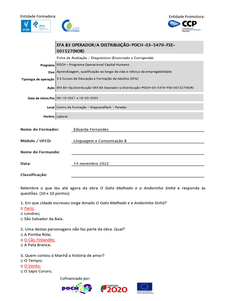 Ficha Aprendizagem - Enunciado e Corrigenda - EFA B3 - Op.D - LC B | PDF