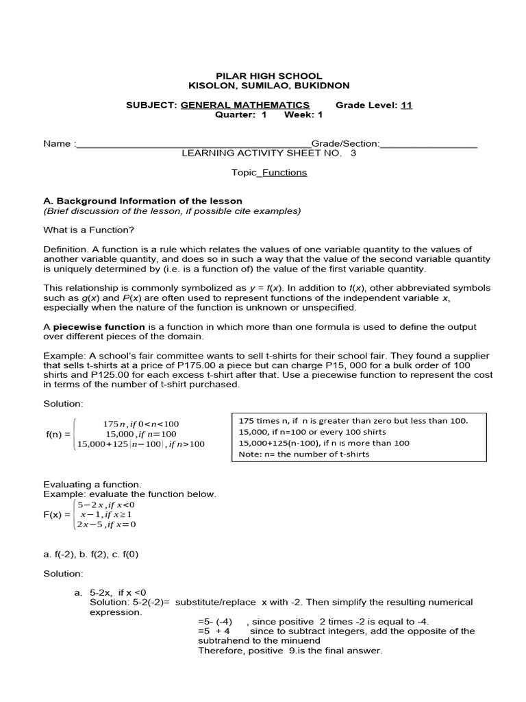 Gen Math q1 w3 | PDF | Subtraction | Function (Mathematics)