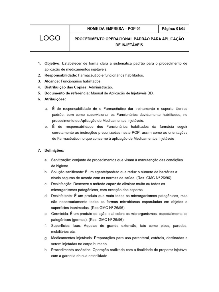 Modelo POP - Aplicacao de Injetaveis DROGARIA | Download grátis PDF ...