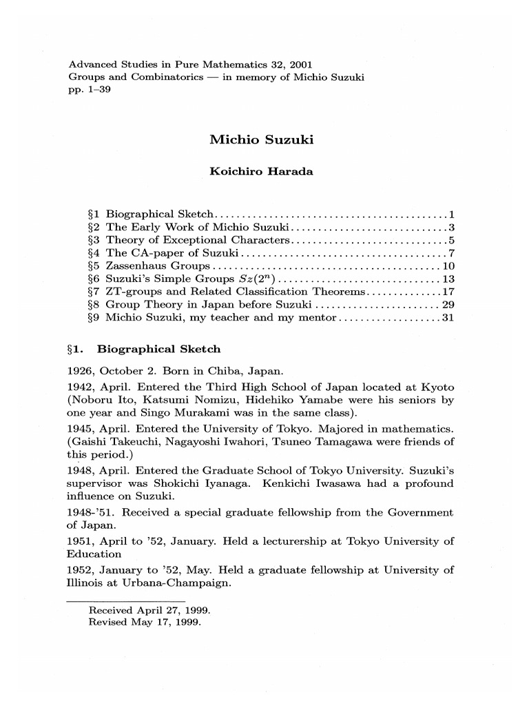 Michio Suzuki: Koichiro Harada | PDF | Group (Mathematics) | Index Of A ...