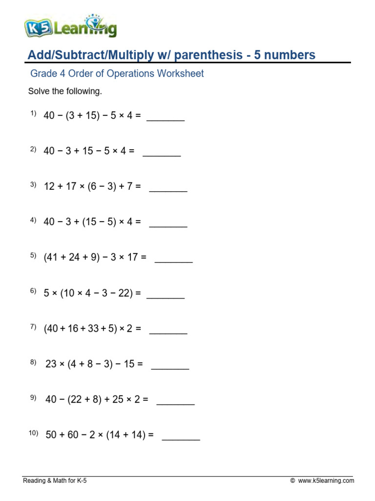 Grade 4 Add Subtract Multiply Parenthesis Five Numbers D | PDF ...